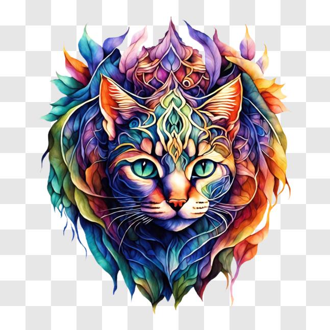 Download Colorful Cat Head with Green Eyes and Floral Designs PNGs ...