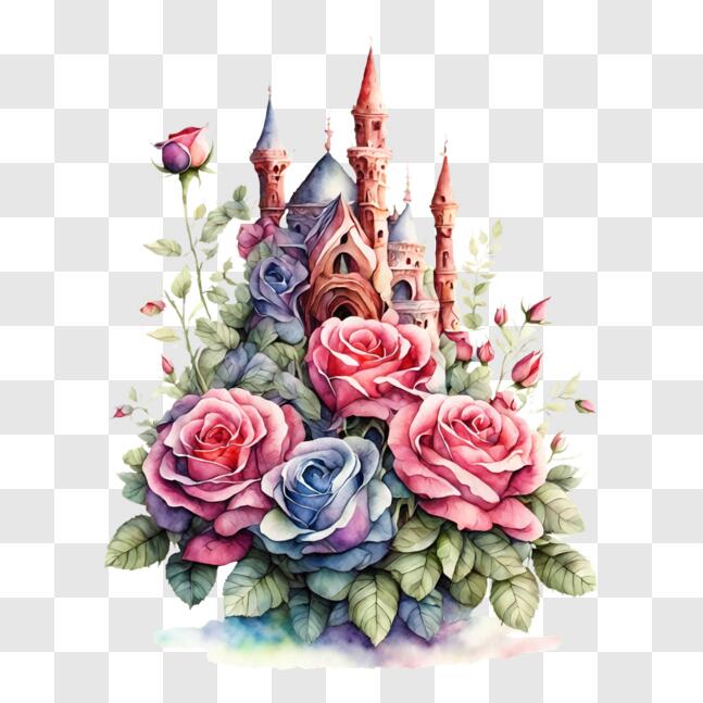 Download Elaborate Castle with Pink Roses Watercolor Painting PNGs ...
