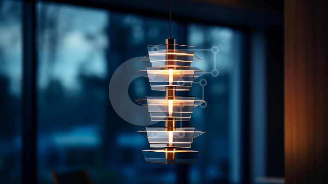 Modern Lighting Fixture with City Skyline View stock photo | Creative ...