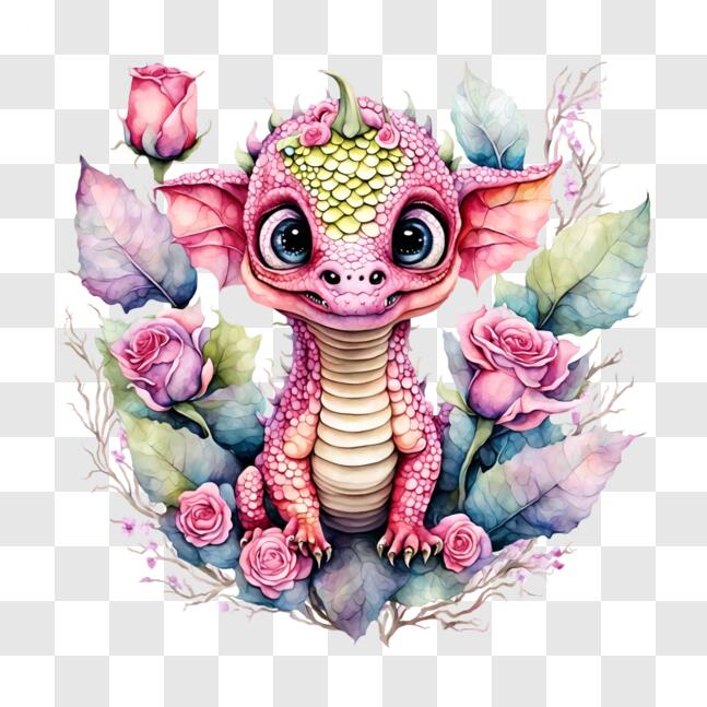 Download Pink Dragon Artwork with Roses PNGs Online - Creative Fabrica