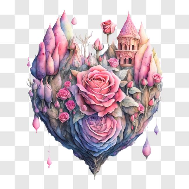 Download Romantic Heart-shaped Painting with Pink Roses and Castles ...