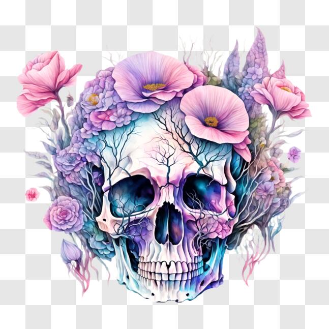 Download Dark and Moody Skull Art with Pink and Purple Flowers PNGs ...
