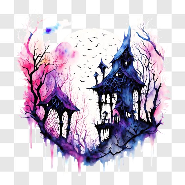 Download Haunted House Watercolor Painting with Full Moon PNGs Online ...