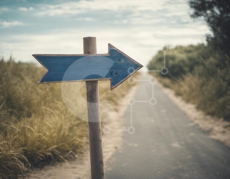 Blue Directional Sign on Empty Road stock photo | Creative Fabrica