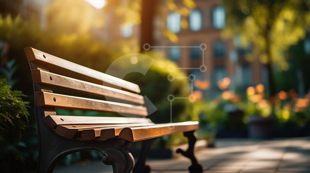 Scenic View of Wooden Bench on Sidewalk stock photo | Creative Fabrica