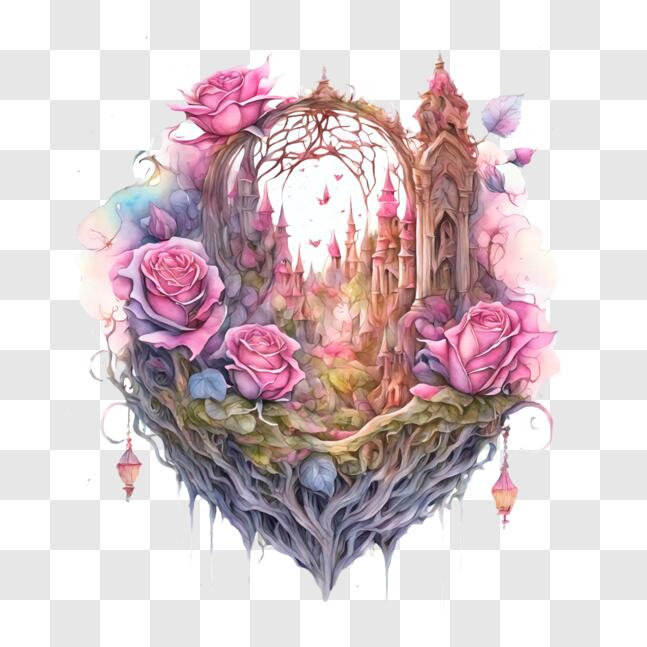 Download Heart-shaped Castle with Pink Roses and Flowers PNGs Online ...