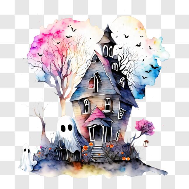 Download Watercolor Painting of a Haunted House with Ghosts and ...
