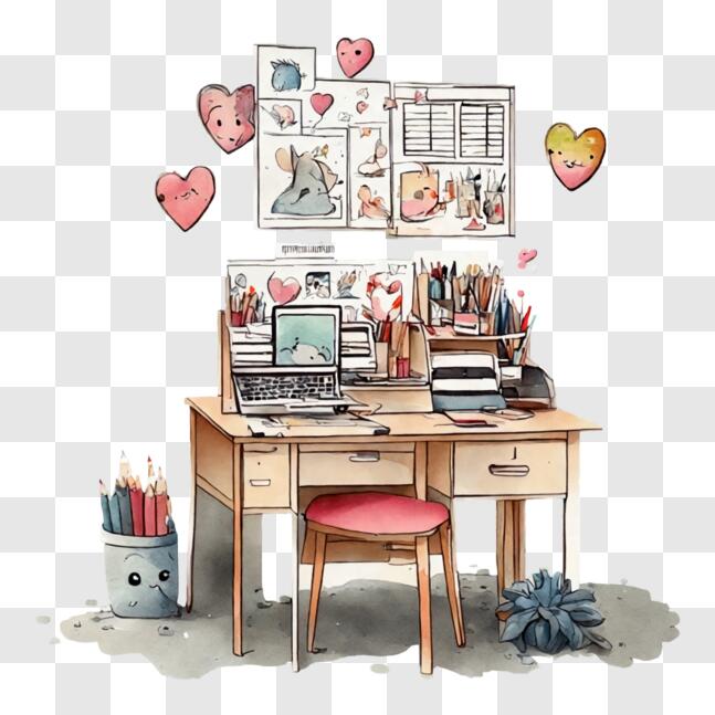 Download Colorful Office Space with Art Supplies and Kawaii Decorations ...