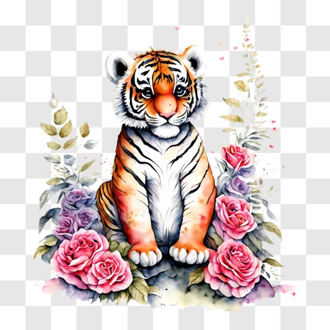Download Cute Tiger surrounded by pink flowers PNGs Online - Creative ...