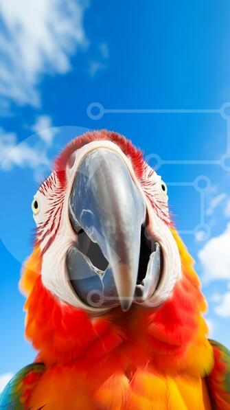 Curious Parrot in Blue and Cloudy Background stock photo | Creative Fabrica