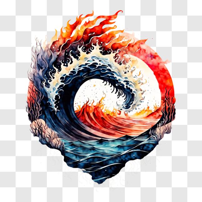 Download Powerful Wave Breaking in the Ocean Illustration with Fire and ...