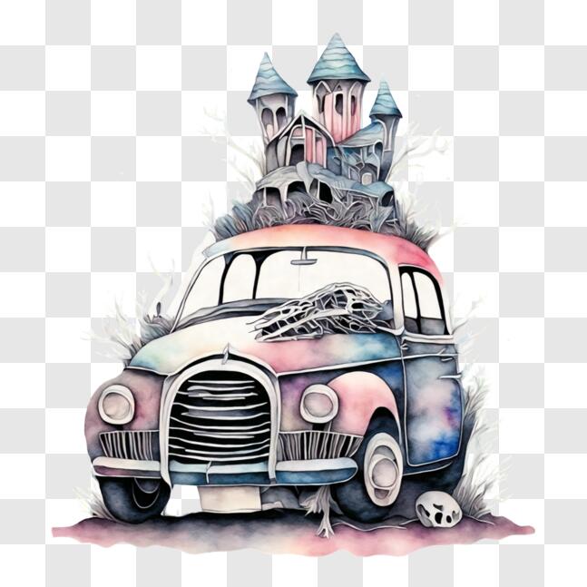 Download Haunted Car with Castle and Ghosts PNGs Online - Creative Fabrica