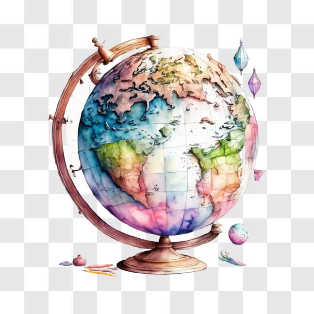 Download Watercolor Painting of Globe with Pencils, Pens, and Crayons ...