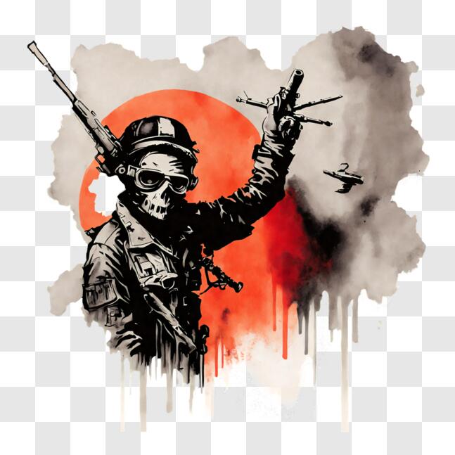 Download Illustration of a Skeleton with Guns and War Elements PNGs Online - Creative Fabrica