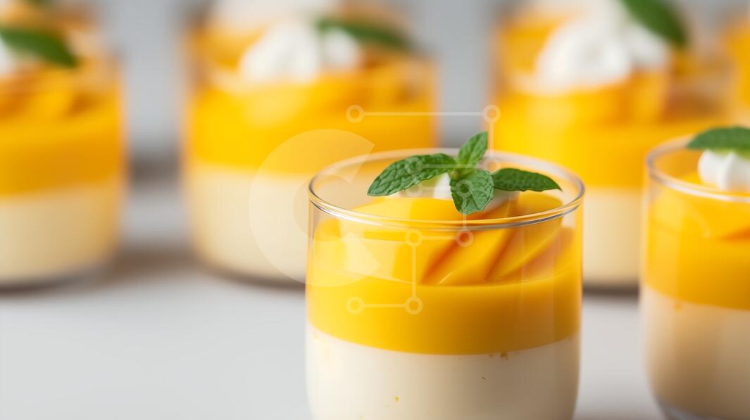 Mango Mousse Dessert Cups with Whipped Cream and Mint Leaves stock ...