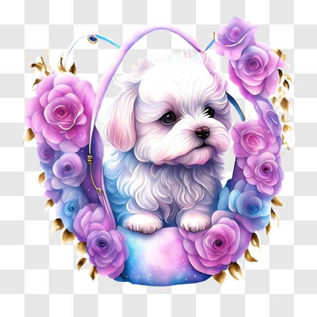 Download Small White Dog Surrounded by Pink and Purple Roses PNGs ...