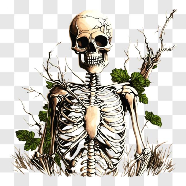 Download Skeleton sitting in grass with branches and leaves PNGs Online ...