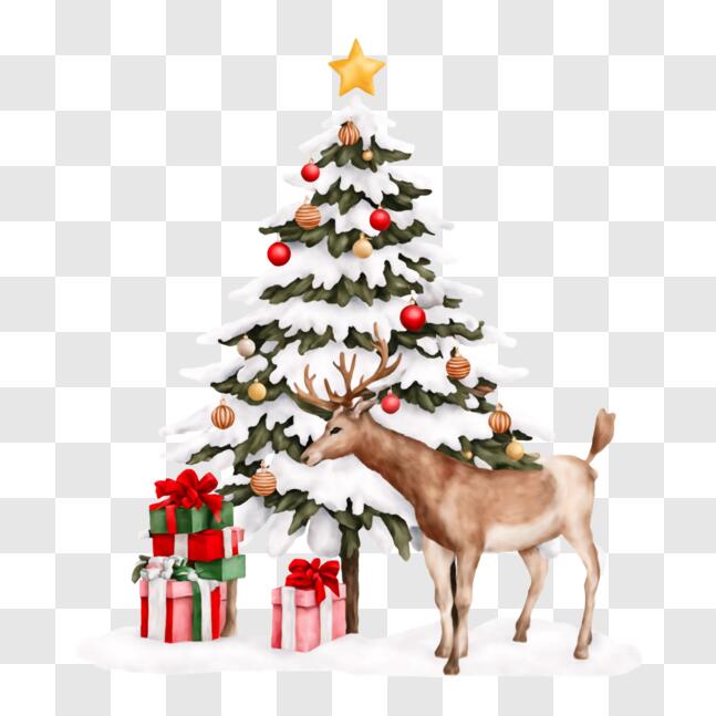 Download Deer and Christmas Tree with Ornaments and Presents PNGs ...