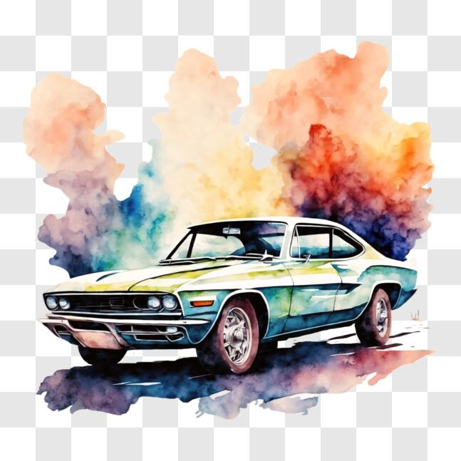 Download Watercolor Painting of Classic Car with Colorful Clouds PNGs ...