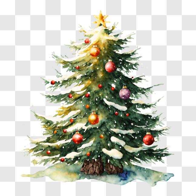 Download Watercolor Christmas Tree with Ornaments and Snowflakes PNGs ...