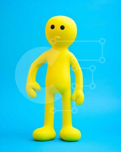 Yellow Toy Figure with Raised Arms on Blue Background stock photo ...