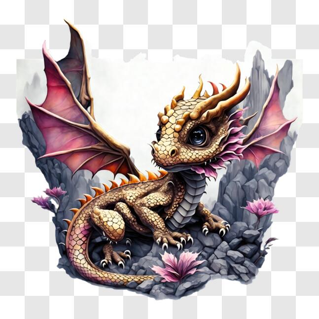 Download Small Dragon Sitting on Rocks and Flowers PNGs Online ...