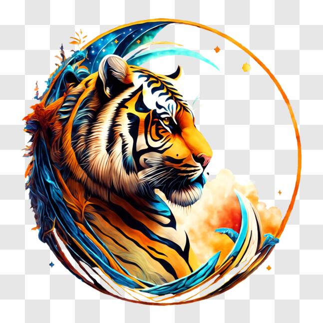Download Tiger's Head in Orange Circular Frame with Clouds and Trees ...
