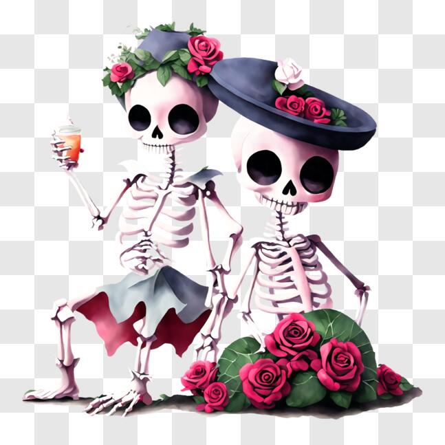 Download Skeleton Couples Celebrating Halloween with Hats and Drinks ...