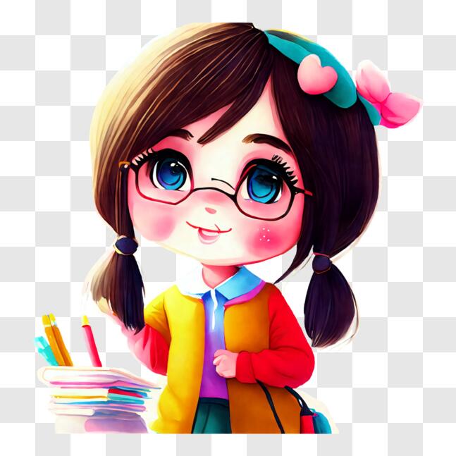 Download Cartoon Girl Studying with Books and School Supplies PNGs ...
