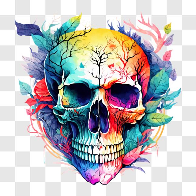 Download Colorful Skull with Leaves and Flowers Art PNGs Online ...