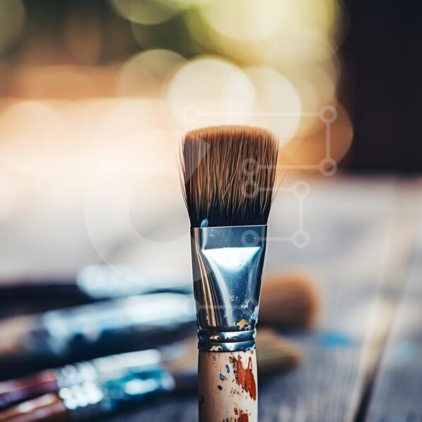 Artistic Paint Brushes on Wooden Table stock photo | Creative Fabrica