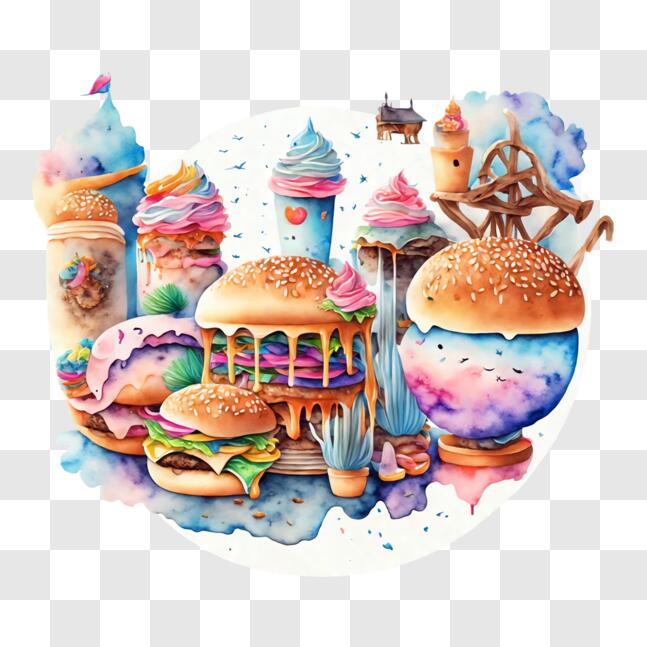 Download Colorful Food Illustration with Buildings in the Background ...