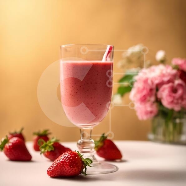 Delicious Strawberry Smoothie with Fresh Pink Roses stock photo ...