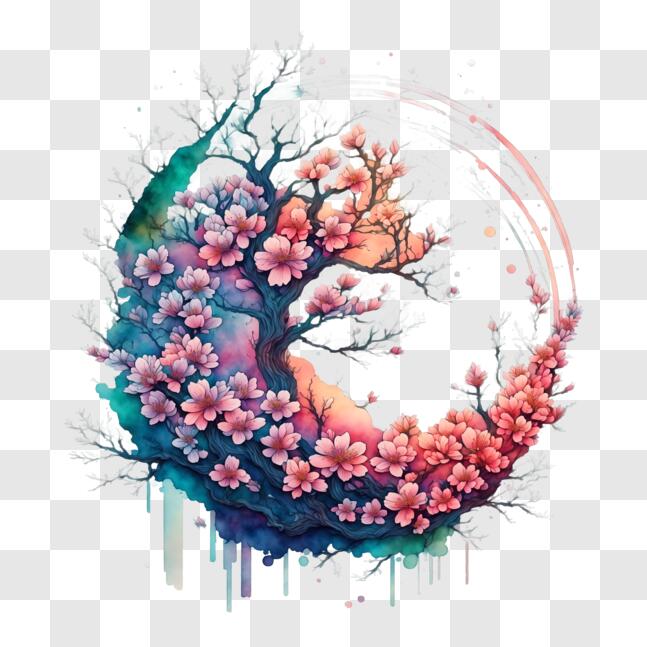 Download Cherry Blossom Tree with Upside-Down Moon in Traditional Japanese Art Style PNGs Online ...