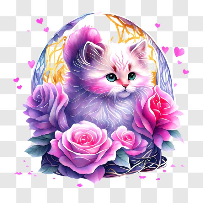 Baixe Gato rosa e branco em uma cesta de rosas PNGs - Creative Fabrica