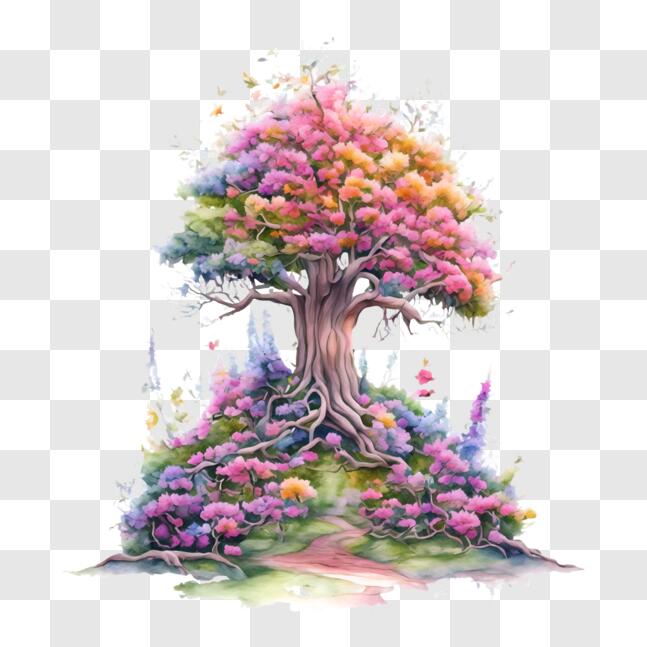 Download Colorful Flowers and Magical Tree in Enchanted Garden PNGs ...