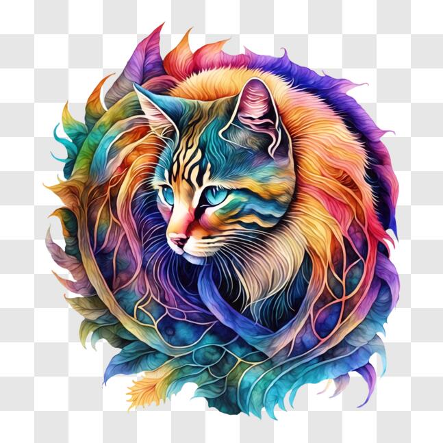 Download Abstract Cat Painting with Colorful Feathers and Leaves PNGs ...