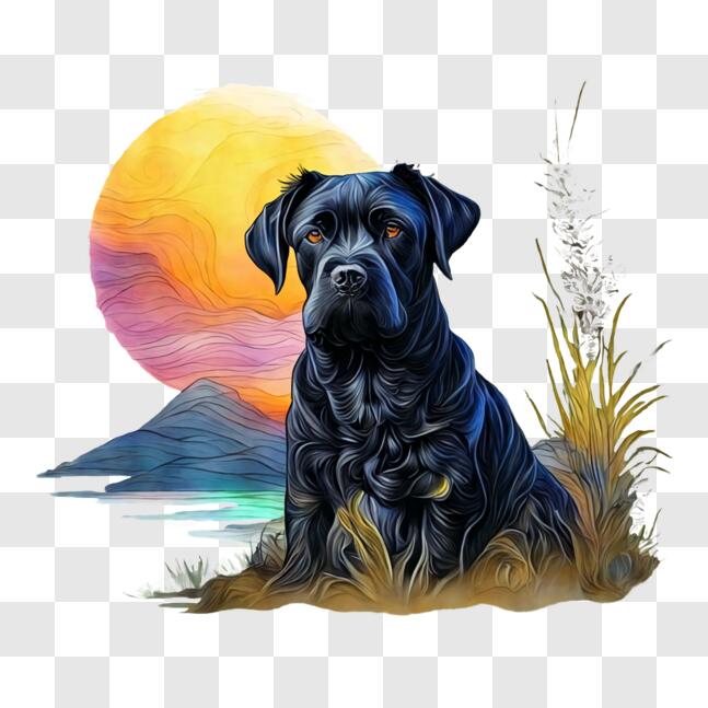 Download Black Labrador Dog Watching Sunset in the Grass PNGs Online ...