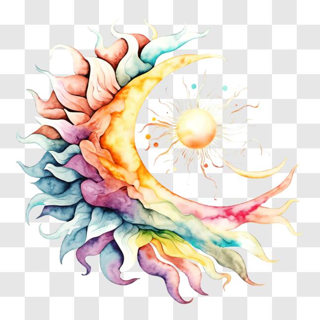Download Abstract Watercolor Painting of Sun, Moon, and Stars PNGs ...