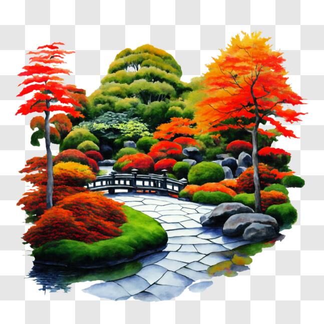 Download Abstract Painting of Japanese Garden with Colorful Trees and ...