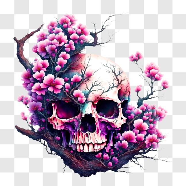Download Skull with Pink Flowers on Branches and Leaves PNGs Online ...