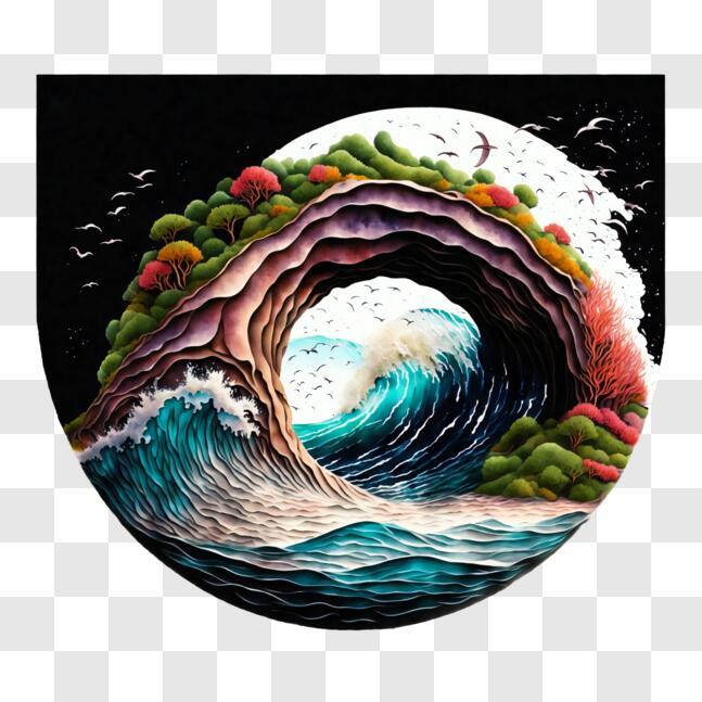 Download Circular Ocean Scene Painting with Birds and Rock Formation ...