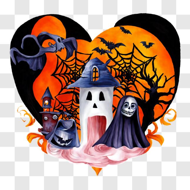 Download Halloween-themed heart-shaped painting with ghosts and witches ...