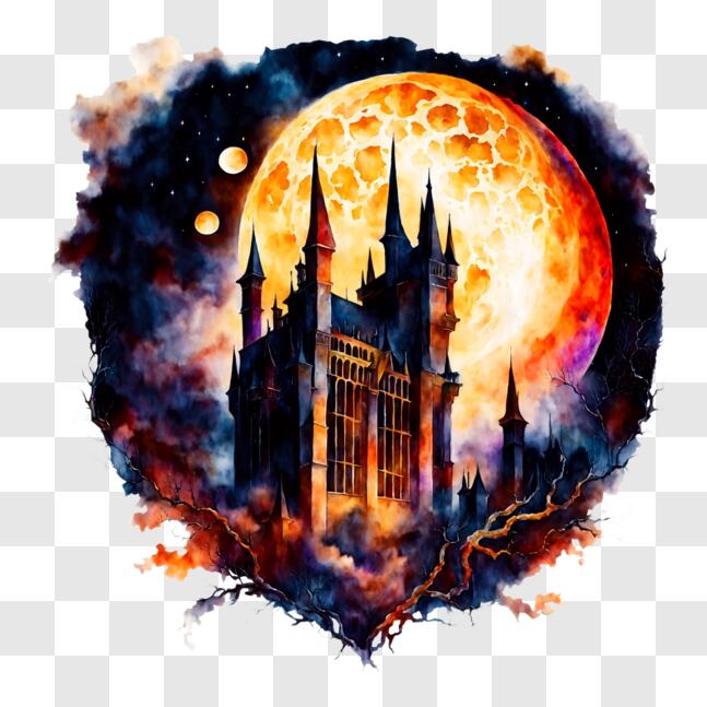 Download Castle Painting with Full Moon Background PNGs Online ...