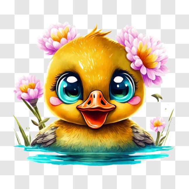 Download Cute Cartoon Duck in Water with Pink Flowers PNGs Online ...