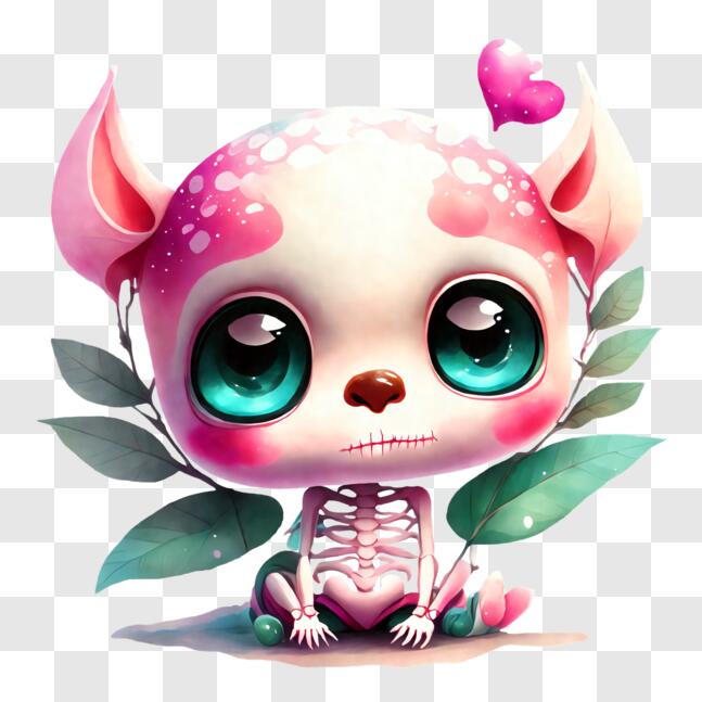 Download Cute Skeleton with Pink and Blue Eyes Sitting on Green Leaves ...