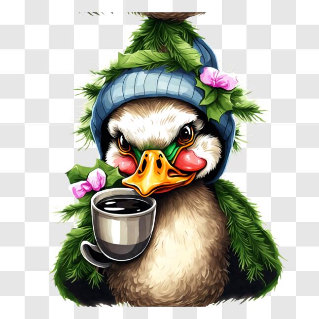 Download Cartoon Duck with Winter Hat Drinking Coffee or Tea PNGs ...