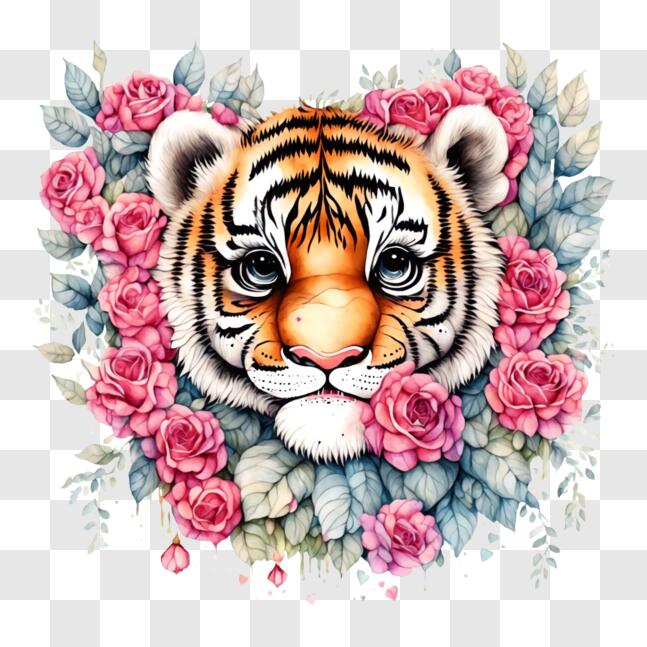 Download Tiger sitting among roses and flowers with abstract floral ...