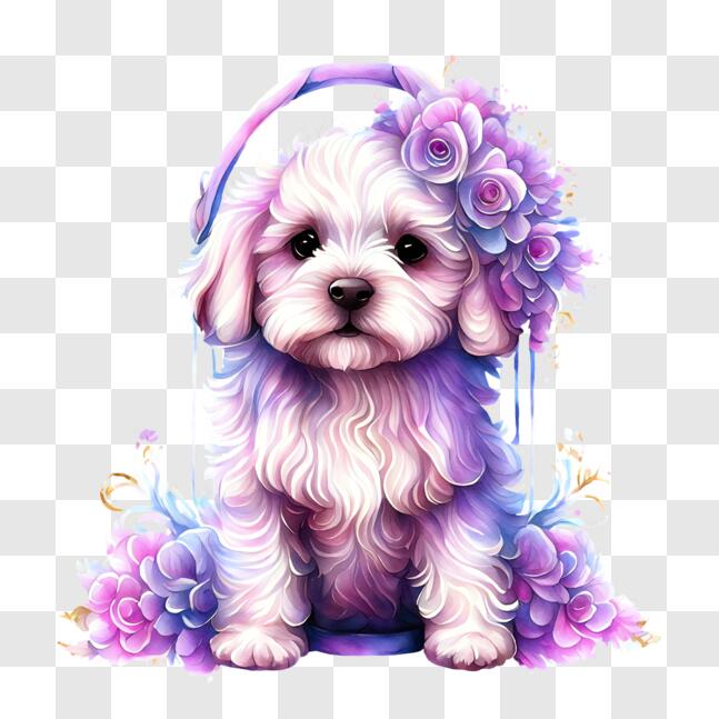 Download Cute White Dog with Purple Flowers PNGs Online - Creative Fabrica