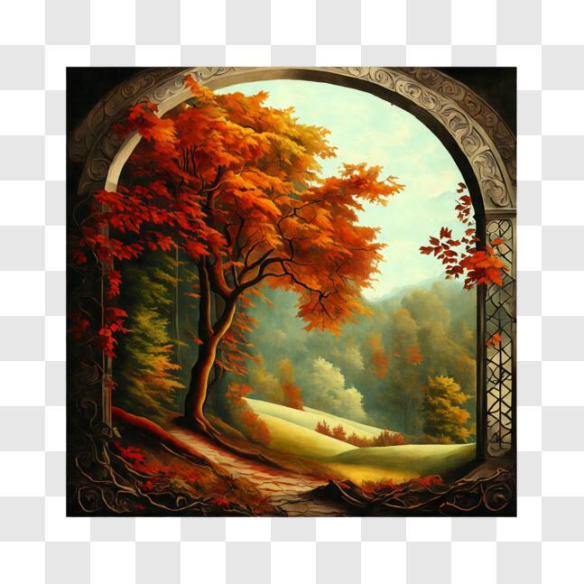 Download Autumn Landscape Painting with Arched Window PNGs Online ...